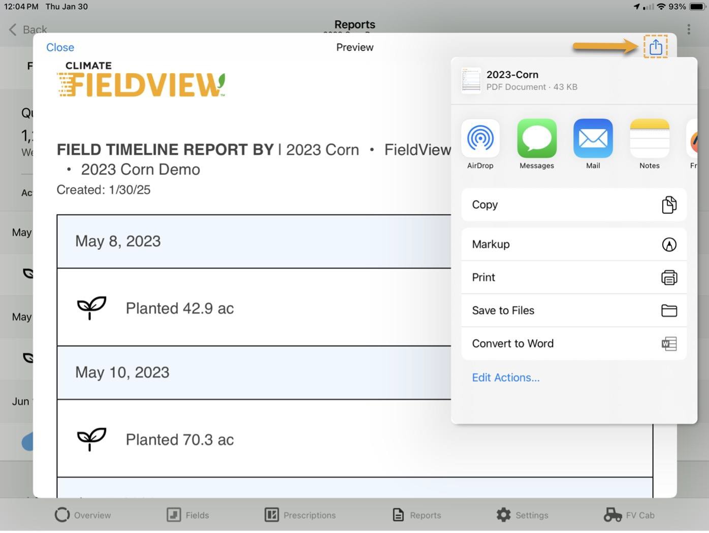 Linha do tempo do talhão – aplicativo FieldView™